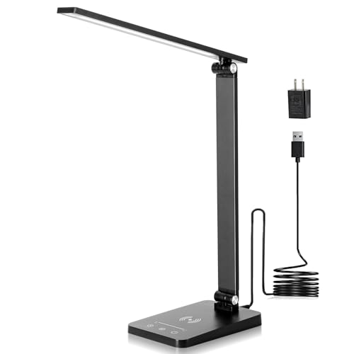 LED Desk Lamp for Home Office, 3 Levels Dimmable Desk Light with USB Charging Port, Small Study Lamp, Reading Light for Table, Deep Black, 5000K