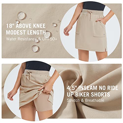 BALEAF Women's Golf Skort 18" Knee Length Skirt with Biker Shorts Pockets Stretch Elastic Waist for Tennis Hiking Khaki Size XL
