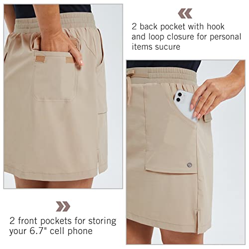 BALEAF Women's Golf Skort 18" Knee Length Skirt with Biker Shorts Pockets Stretch Elastic Waist for Tennis Hiking Khaki Size XL