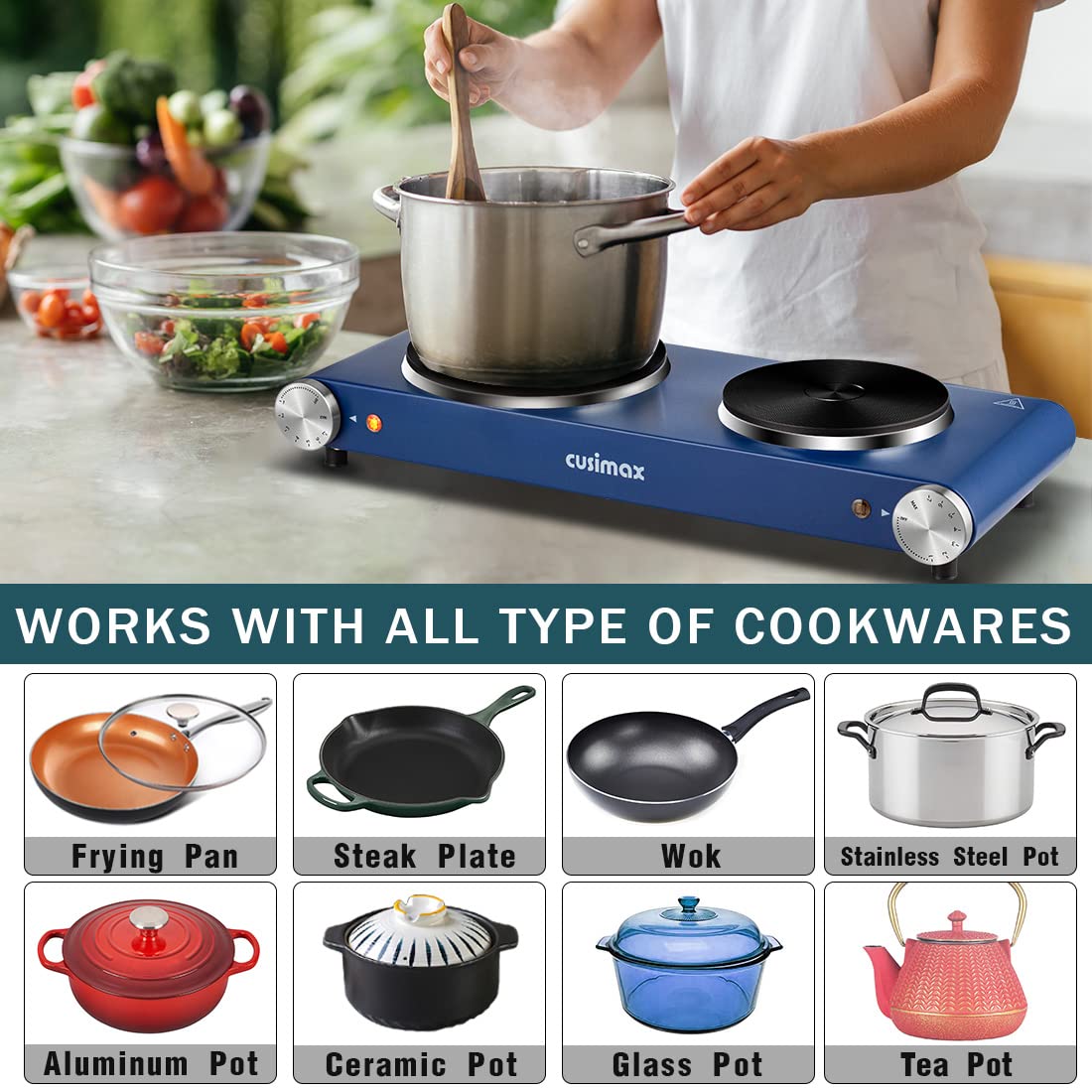 Hot Plate, CUSIMAX Double Burner, 1800W Electric Cooktop, Cast Iron Hot Plate for Cooking, Portable Electric Stove, Stainless Steel Countertop Burner, Easy to Clean, Blue