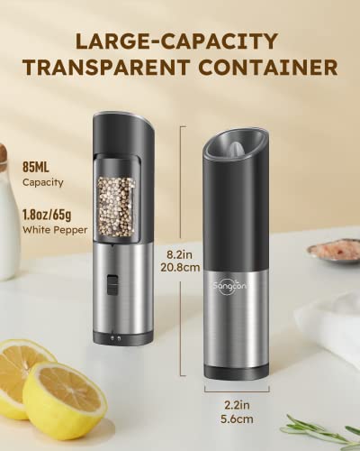 Sangcon Electric Salt and Pepper Grinder Mill Set, Safety & Gravity Switch, Battery Powered with LED Light, Adjustable Coarseness, One Hand Automatic Operated Kitchen Gadgets, Stainless Steel, 2 Pack