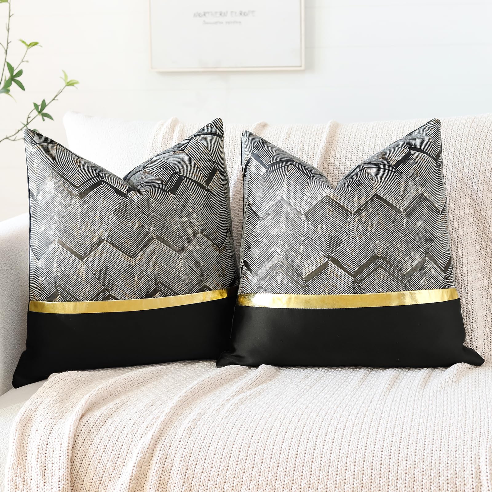 OTOSTAR Set of 2 Throw Pillow Covers for Bed Couch Sofa Car Decor Luxury Modern Minimalist Gold Leather Stitching Wavy Stripes Square Pillowcase Cushion Cover Black, 16x16 Inch