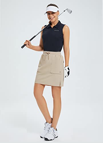 BALEAF Women's Golf Skort 18" Knee Length Skirt with Biker Shorts Pockets Stretch Elastic Waist for Tennis Hiking Khaki Size XL