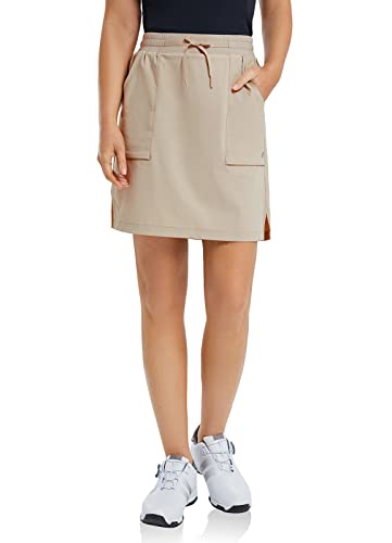 BALEAF Women's Golf Skort 18" Knee Length Skirt with Biker Shorts Pockets Stretch Elastic Waist for Tennis Hiking Khaki Size XL