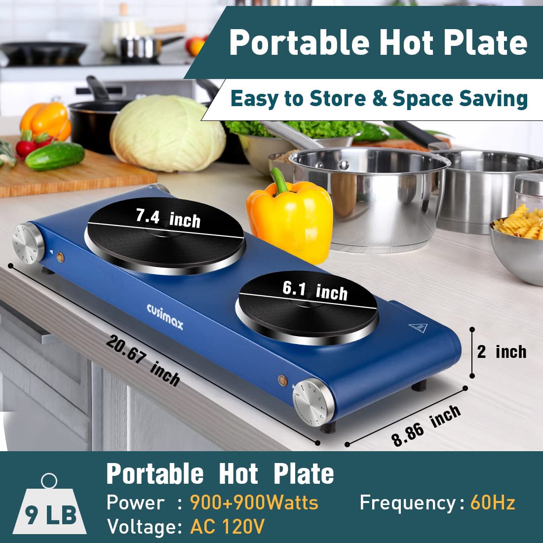 Hot Plate, CUSIMAX Double Burner, 1800W Electric Cooktop, Cast Iron Hot Plate for Cooking, Portable Electric Stove, Stainless Steel Countertop Burner, Easy to Clean, Blue