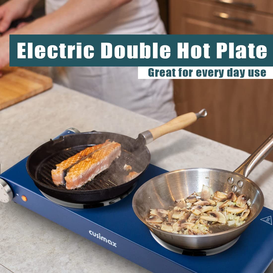 Hot Plate, CUSIMAX Double Burner, 1800W Electric Cooktop, Cast Iron Hot Plate for Cooking, Portable Electric Stove, Stainless Steel Countertop Burner, Easy to Clean, Blue