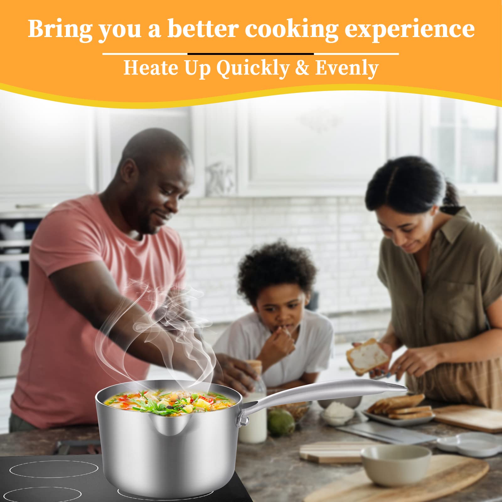 LOLYKITCH Tri-Ply Stainless Steel 1.5 QT Small Saucepan,Dia.16CM Induction Cooking Pot,Compatible with All Stoves,Dishwasher and Oven Safe (Removable Handle without Lid)