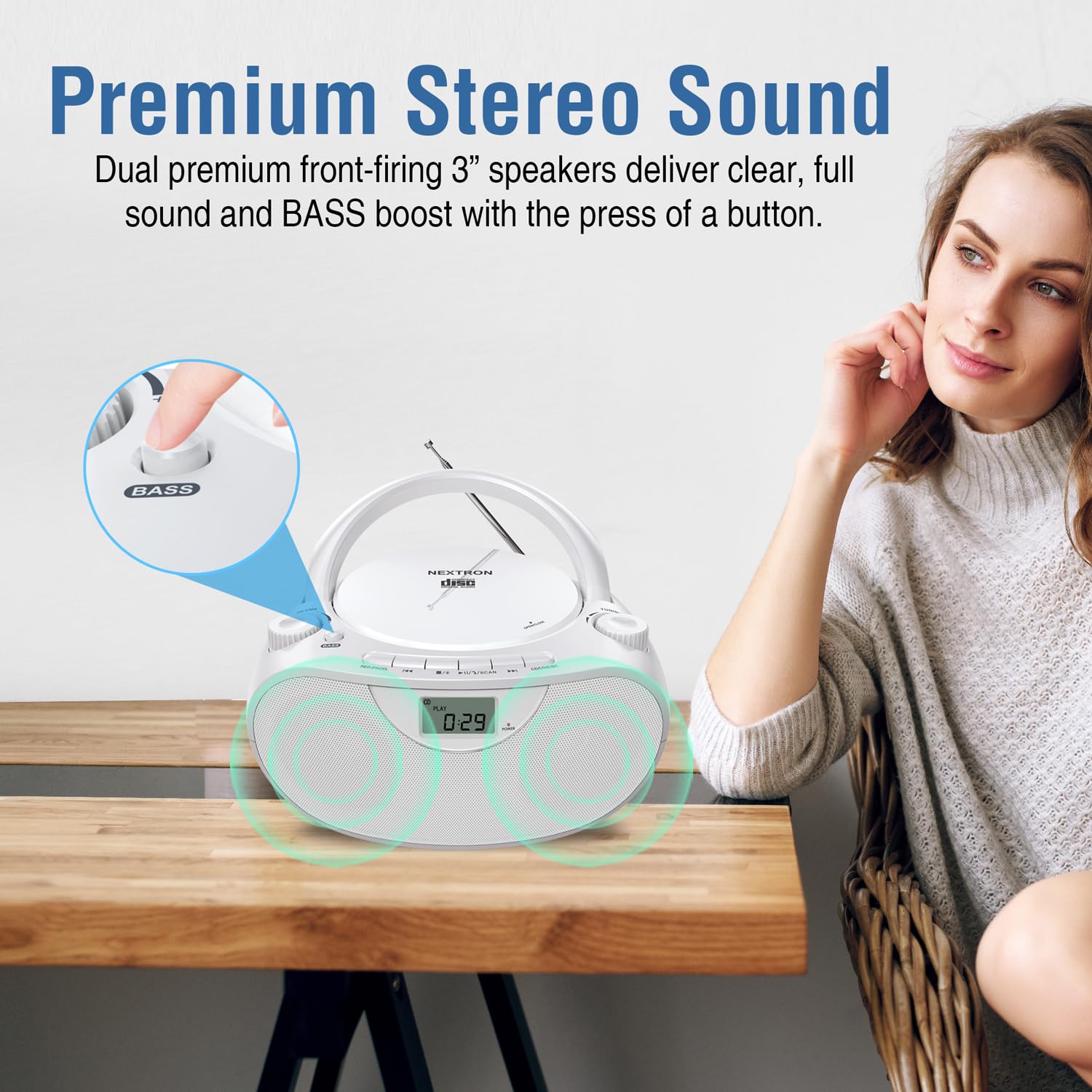 Nextron Portable Stereo CD Player Boombox with AM/FM Radio, Bluetooth, USB, AUX-in, Headphone Jack, CD-R/RW and MP3 CDs Compatible, Clear and Full Sound with Bass Boost, AC/Battery Operated β White