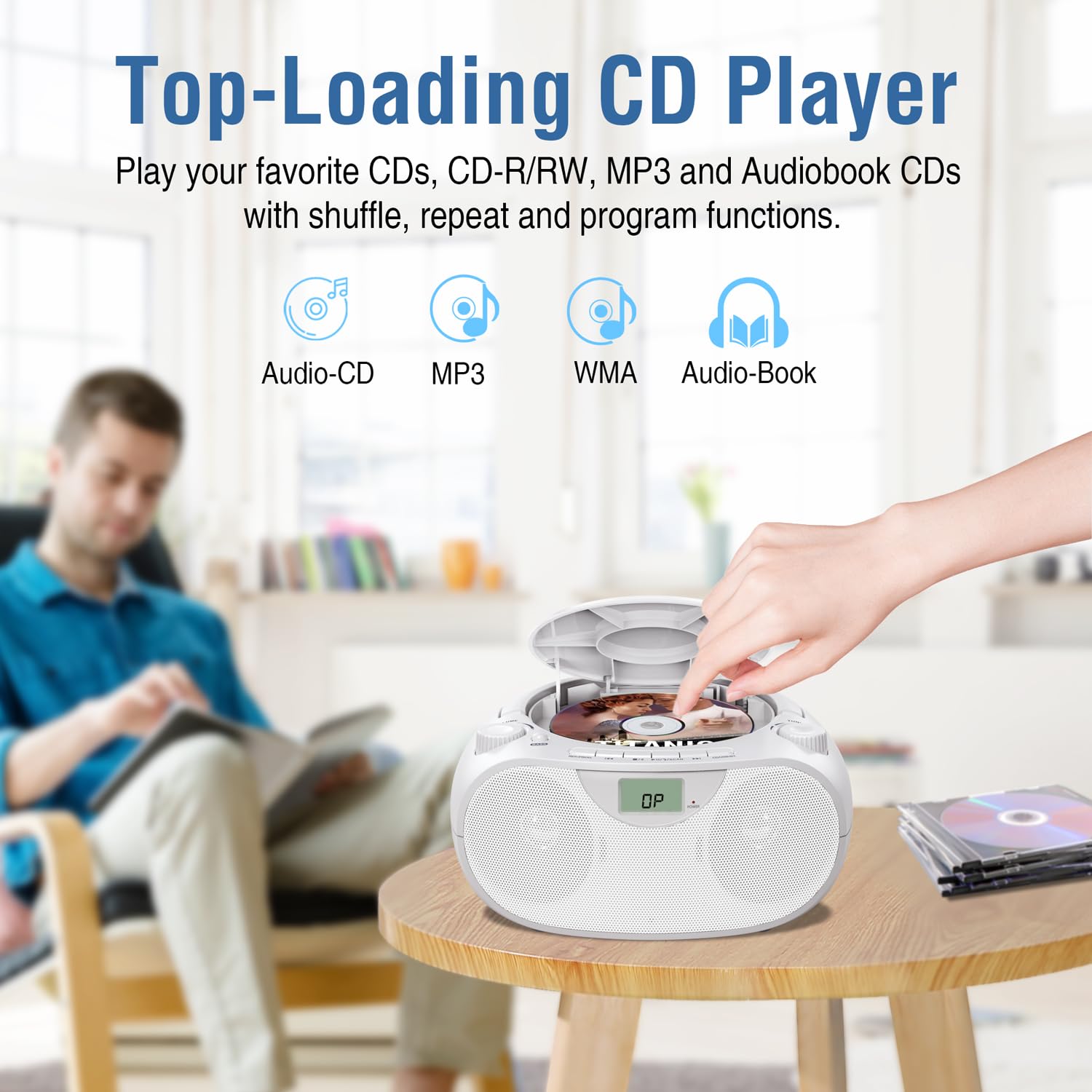 Nextron Portable Stereo CD Player Boombox with AM/FM Radio, Bluetooth, USB, AUX-in, Headphone Jack, CD-R/RW and MP3 CDs Compatible, Clear and Full Sound with Bass Boost, AC/Battery Operated β White