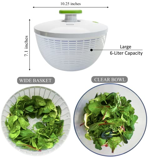 Brieftons 6.2-Quart Large Salad Spinner: Vegetable Washer Dryer Drainer Strainer with Bowl & Colander, Easy One-Handed Pump, Compact Storage, for Washing, Cleaning & Drying Greens, Vegetables, Fruits