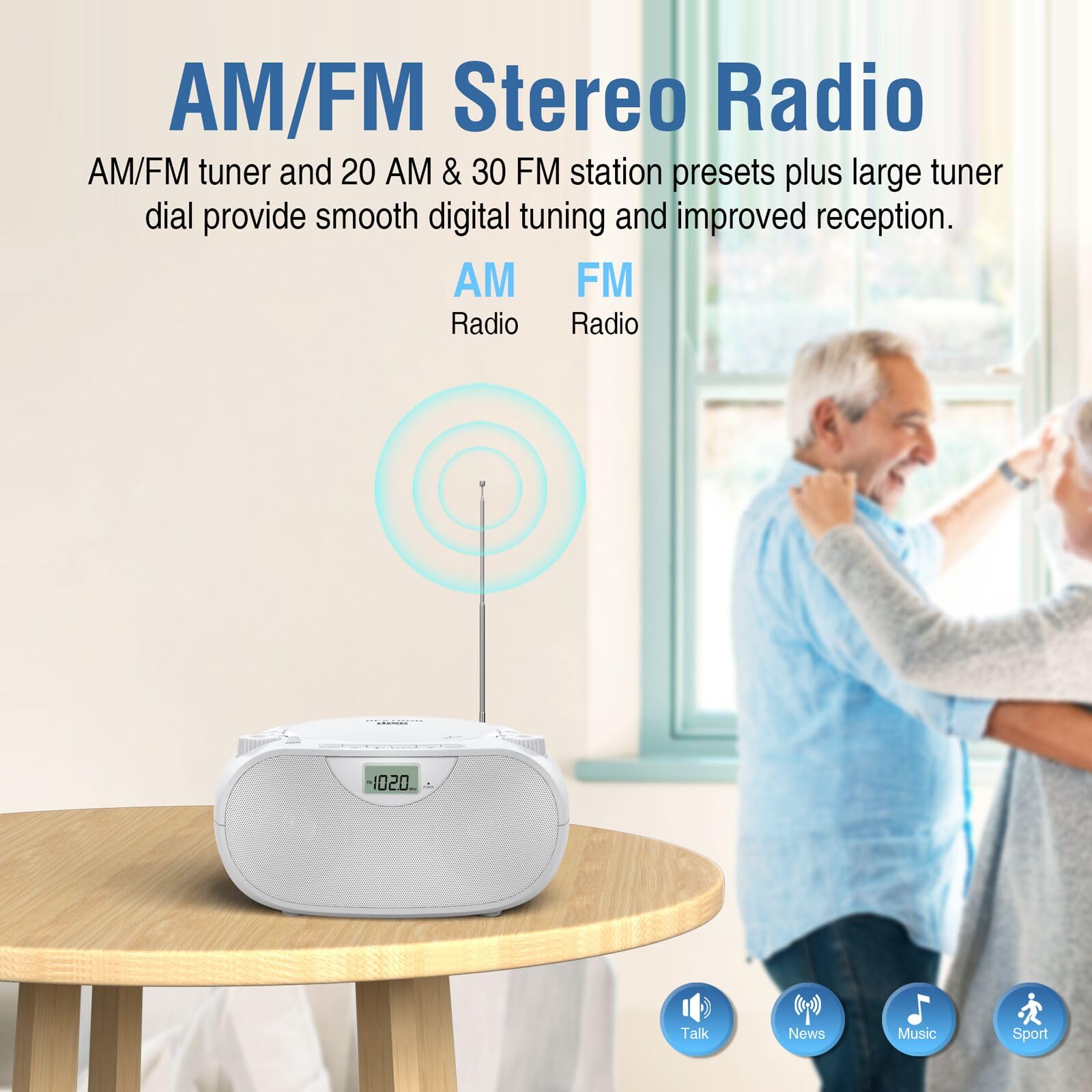 Nextron Portable Stereo CD Player Boombox with AM/FM Radio, Bluetooth, USB, AUX-in, Headphone Jack, CD-R/RW and MP3 CDs Compatible, Clear and Full Sound with Bass Boost, AC/Battery Operated β White