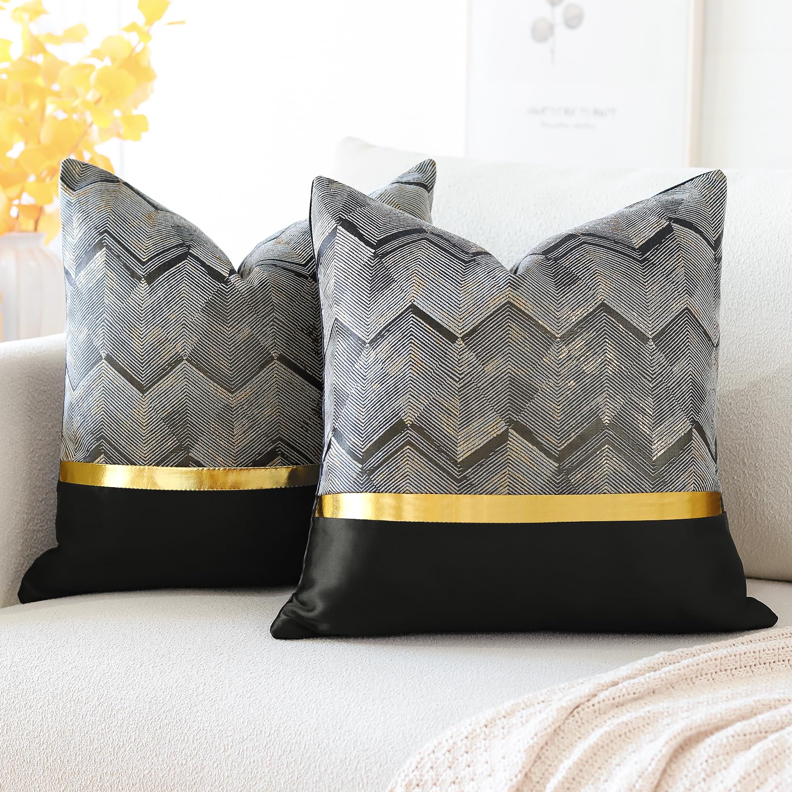OTOSTAR Set of 2 Throw Pillow Covers for Bed Couch Sofa Car Decor Luxury Modern Minimalist Gold Leather Stitching Wavy Stripes Square Pillowcase Cushion Cover Black, 16x16 Inch