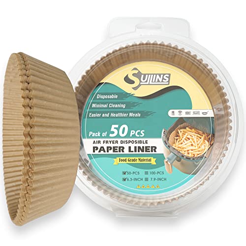 SULLINS 50 Pcs Air Fryer Liners, Disposable Paper Liner for 2.7 to 4.5 Qt Basket, 6.3-inches Air Fryer Parchment Paper for Air Fryer Basket, Unbleached, Non-stick, Oil-proof Round Air Fryer Liners