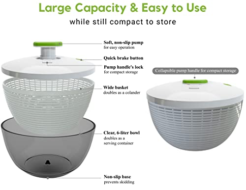 Brieftons 6.2-Quart Large Salad Spinner: Vegetable Washer Dryer Drainer Strainer with Bowl & Colander, Easy One-Handed Pump, Compact Storage, for Washing, Cleaning & Drying Greens, Vegetables, Fruits
