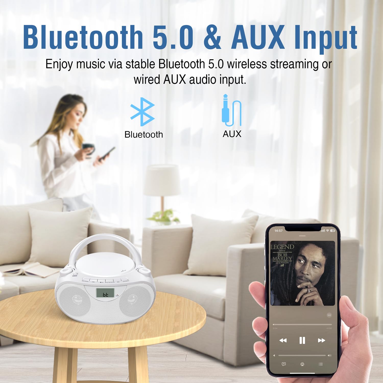 Nextron Portable Stereo CD Player Boombox with AM/FM Radio, Bluetooth, USB, AUX-in, Headphone Jack, CD-R/RW and MP3 CDs Compatible, Clear and Full Sound with Bass Boost, AC/Battery Operated β White