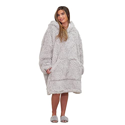 Sienna Fluffy Long Fibre Fleece Sherpa Lined Super Soft Hoodie Blanket Adults Oversized Giant Christmas Jumper Gift Throw - Silver