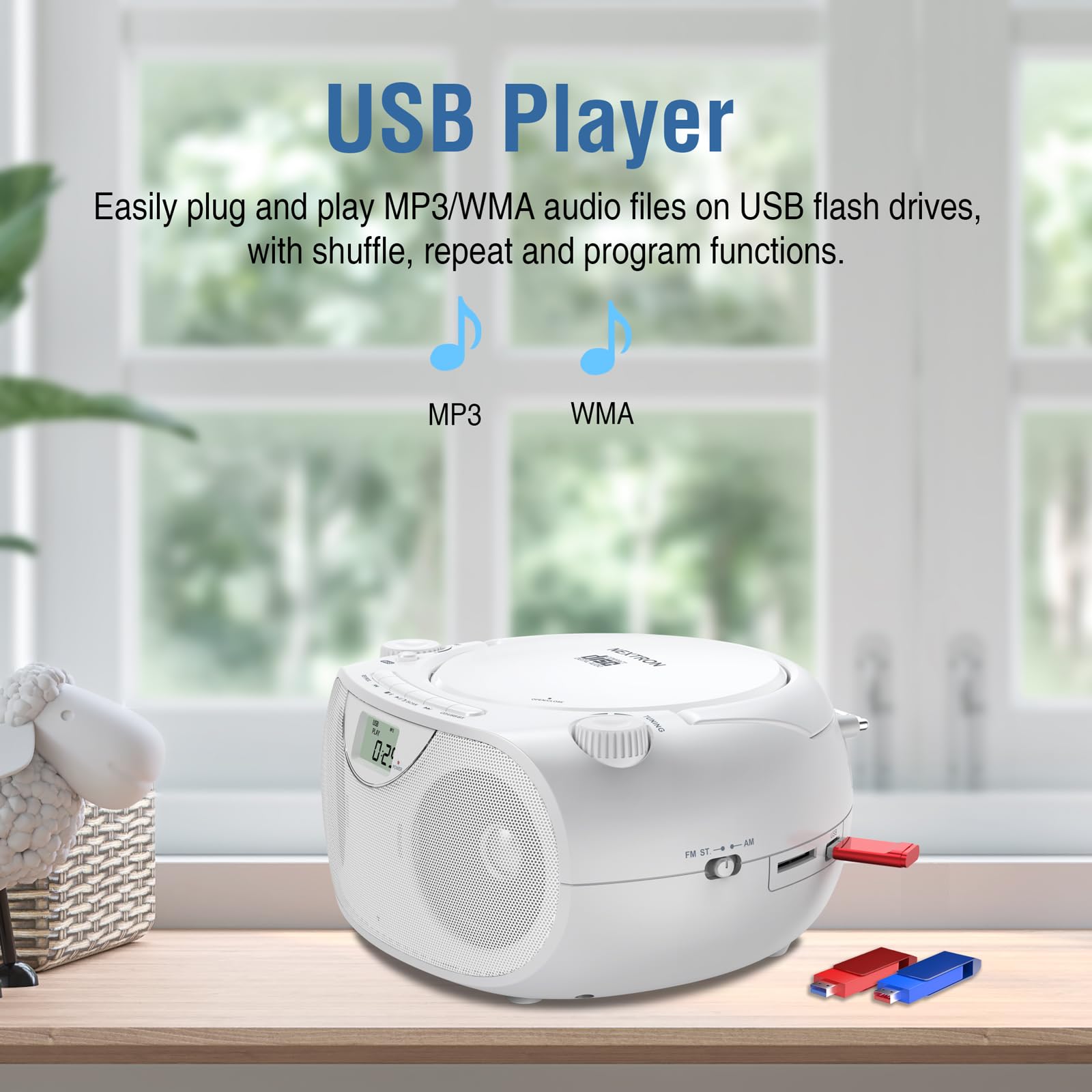 Nextron Portable Stereo CD Player Boombox with AM/FM Radio, Bluetooth, USB, AUX-in, Headphone Jack, CD-R/RW and MP3 CDs Compatible, Clear and Full Sound with Bass Boost, AC/Battery Operated β White