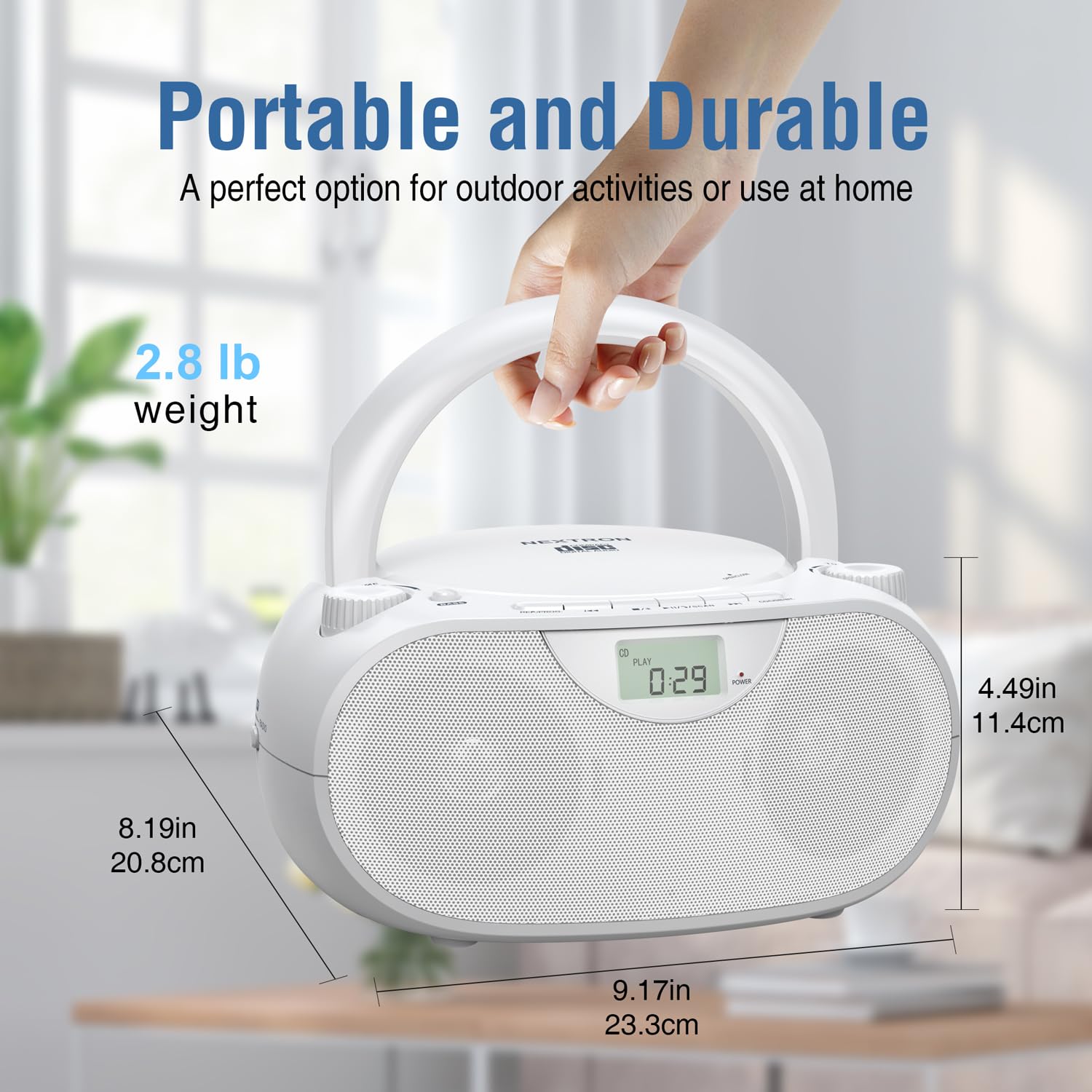 Nextron Portable Stereo CD Player Boombox with AM/FM Radio, Bluetooth, USB, AUX-in, Headphone Jack, CD-R/RW and MP3 CDs Compatible, Clear and Full Sound with Bass Boost, AC/Battery Operated β White