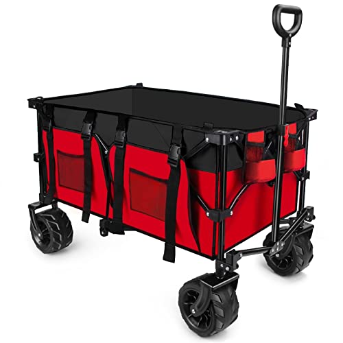 Lavacika Folding Utility Wagon Garden Carts with Wheels Heavy Duty Wagon Shopping Cart for Beach Sports Outdoor Camping Fishing BBQ (Red)