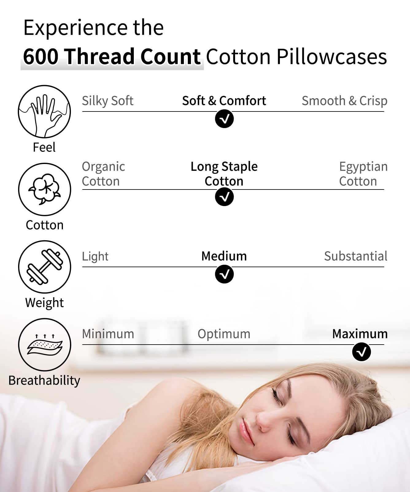 Warmstar Cotton Pillow Cases Standard Size Set of 2, 600 Thread Count Pillowcases 20x26 Inches, Soft Long Staple Cotton Pillowcases Breathable with Envelope Closure,White