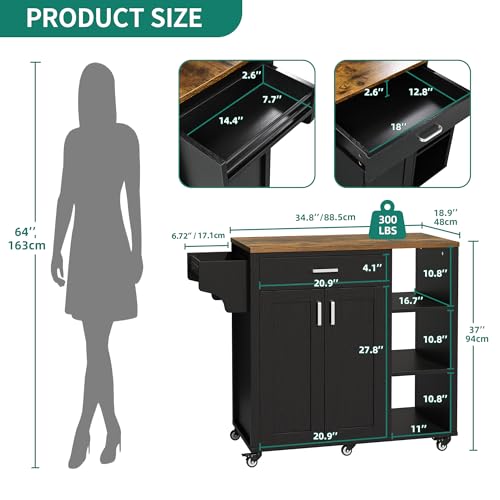 YITAHOME Rolling Kitchen Island Cart on Wheels with Storage, Drawer, Open Shelves, Spice/Towel Rack, Multi-Functional 2 Doors Kitchen Table Island for Dining Room, 42.5” Wide Black