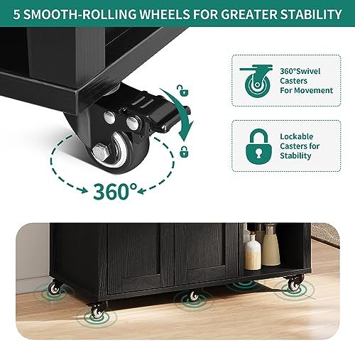 YITAHOME Rolling Kitchen Island Cart on Wheels with Storage, Drawer, Open Shelves, Spice/Towel Rack, Multi-Functional 2 Doors Kitchen Table Island for Dining Room, 42.5” Wide Black