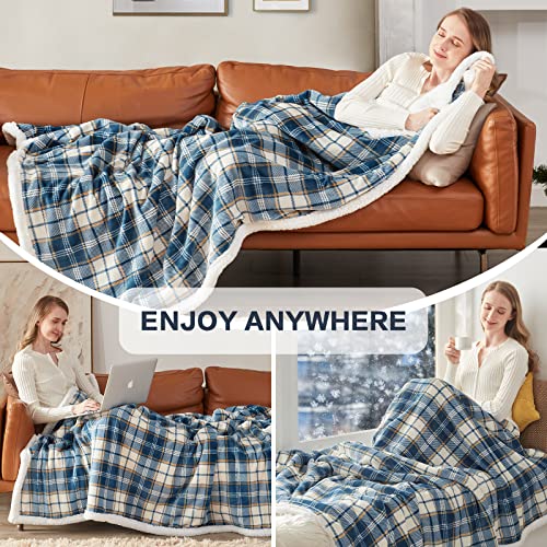 inhand Sherpa Throw Blanket, Plaid Warm Cozy Soft Throw Blankets for Couch, Bed, Sofa,Reversible Fluffy Plush Flannel Fleece Blankets and Throws for Adults Women Men(Navy Blue, 50”x 60”)