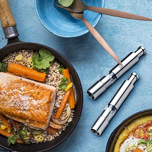 [Set of 2] Premium Stainless Steel Salt Grinder & Pepper Mill Set for Peppercorns Sea Salt Himalayan Salt and Spices, Thumb Push Button for 1 Hand Operation