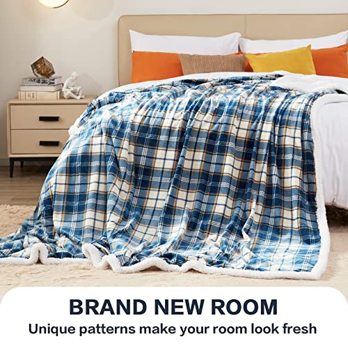 inhand Sherpa Throw Blanket, Plaid Warm Cozy Soft Throw Blankets for Couch, Bed, Sofa,Reversible Fluffy Plush Flannel Fleece Blankets and Throws for Adults Women Men(Navy Blue, 50”x 60”)