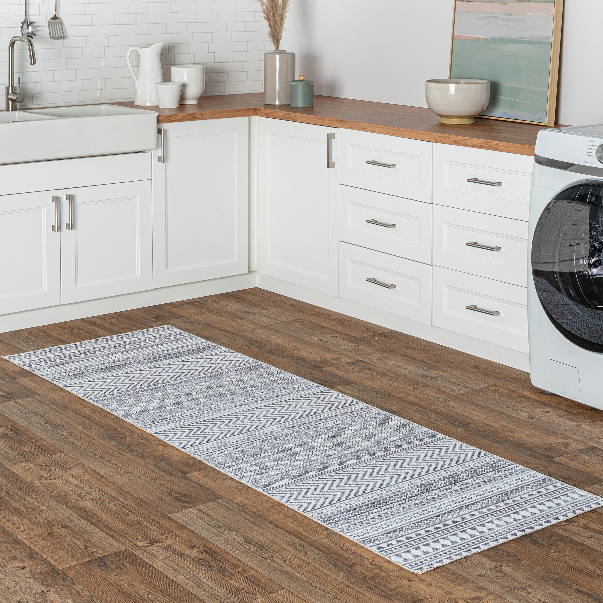 nuLOOM 2' x 12' SpinClean Machine Washable Stain-Resistant Area Rug with Non Slip Backing, Low Profile for Living Room, Bedroom, and Dining Room, Kira Grey