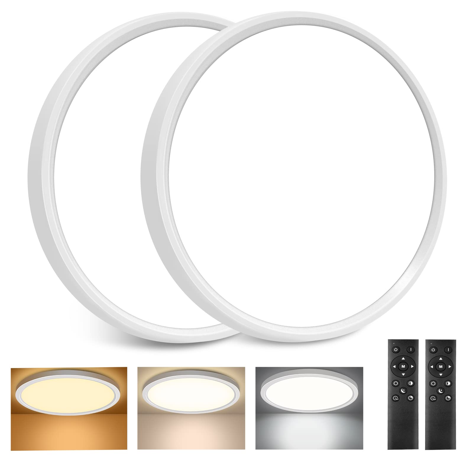 2 Pack 12 Inch Dimmable Flush Mount LED Ceiling Lights Fixtures 24Watt with 2PCS Remote Control, Color Temperatures in 3000K-6000K, Flat Round Ceiling Lamp Mount for Bedroom Kitchen Laundry Room