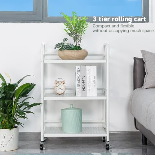 HDANI 3 Tier Rolling Cart,Heavy Duty Multifunctional Metal Frame-Supports 22 Lbs Per Tier,Rolling Cart with 2 Lockable Wheels for Office,Home,Bedroom,Kitchen,Bathroom (White)…