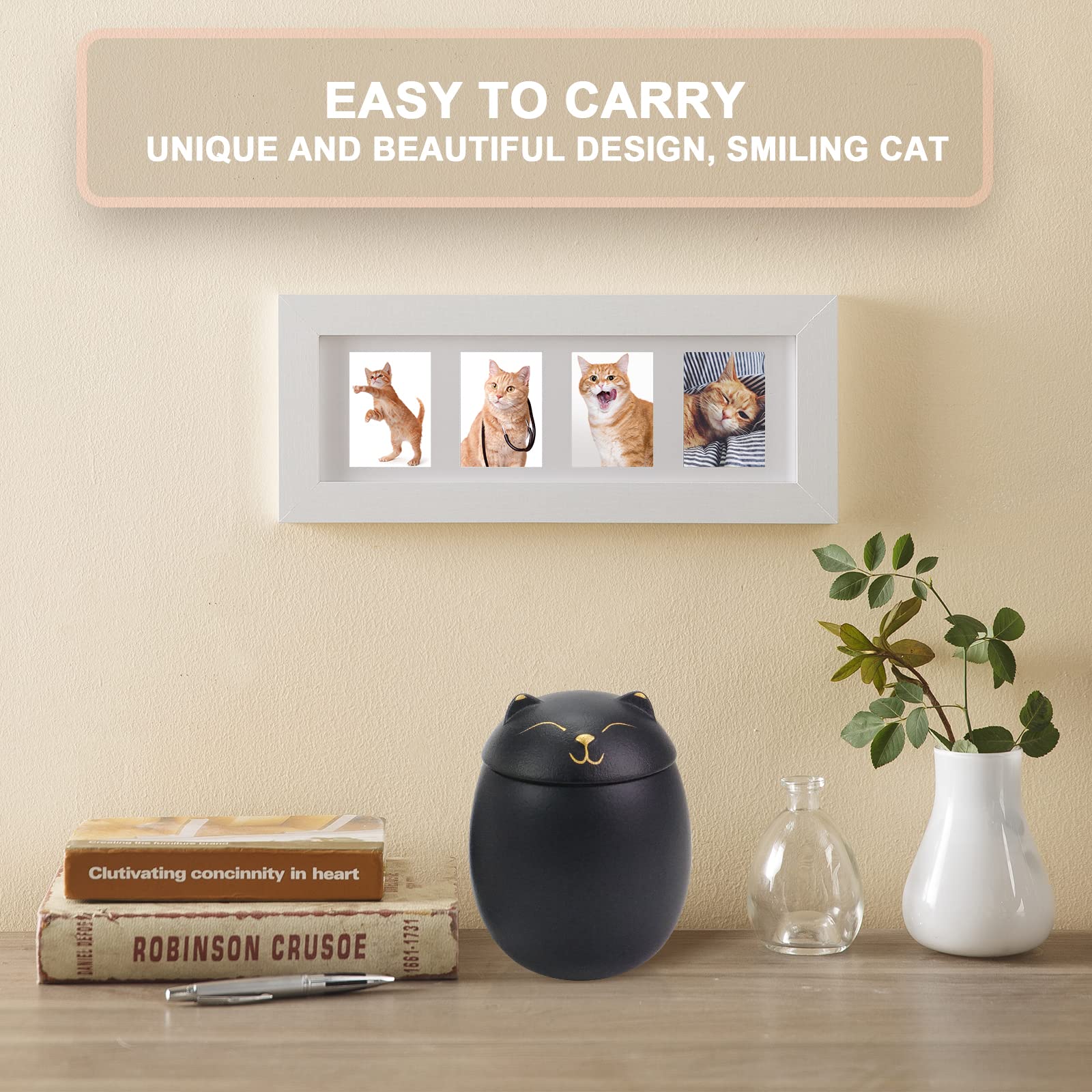 MEETPET Cat Urn Dog Urn Sized 3.2x2.9 and 4.9x4.25. A Smiley-Cat Pet Urn with a Memoria Card.Cat Urns for Ashes for Your Pet (12 cu/in, Black)