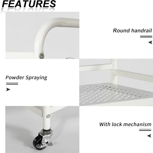 HDANI 3 Tier Rolling Cart,Heavy Duty Multifunctional Metal Frame-Supports 22 Lbs Per Tier,Rolling Cart with 2 Lockable Wheels for Office,Home,Bedroom,Kitchen,Bathroom (White)…
