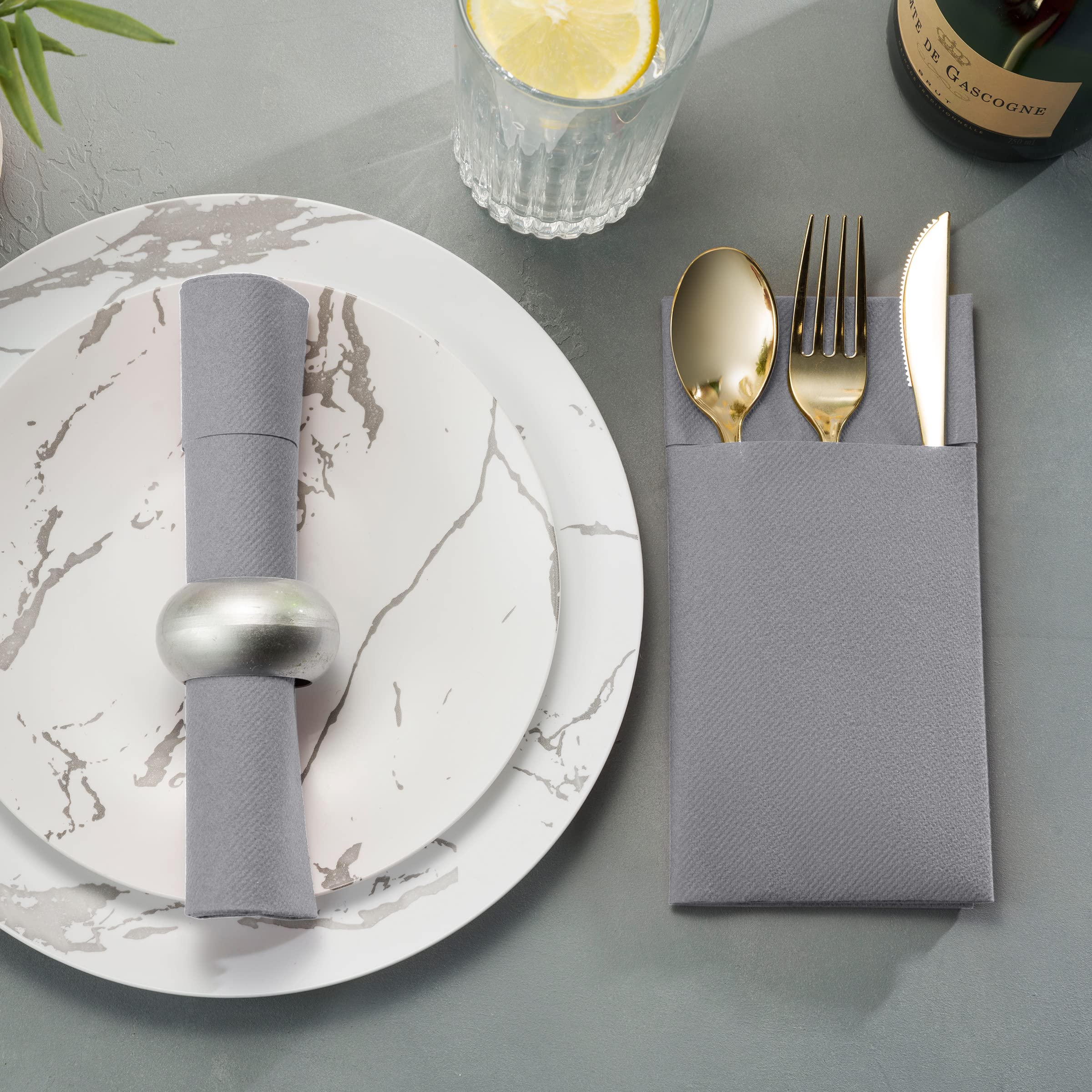 50-Pack Disposable Linen-Feel Dinner Napkins with Built-in Flatware Pocket, GRAY Prefolded Cloth Like Paper Napkins For Dinner, Wedding Or Party [Silverware NOT Included]
