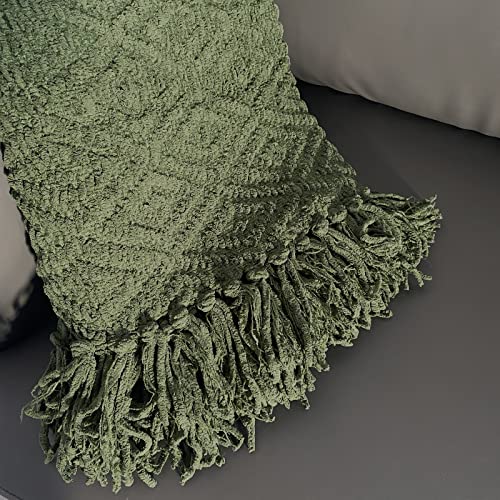 NakedCloud Knit Throw Blanket for Couch, Versatile Super Soft Warm Cozy Chenille Blanket with Tassels for Bed Sofa Chair,Decorative Woven Throw Blanket,Green 60 x 80 inches