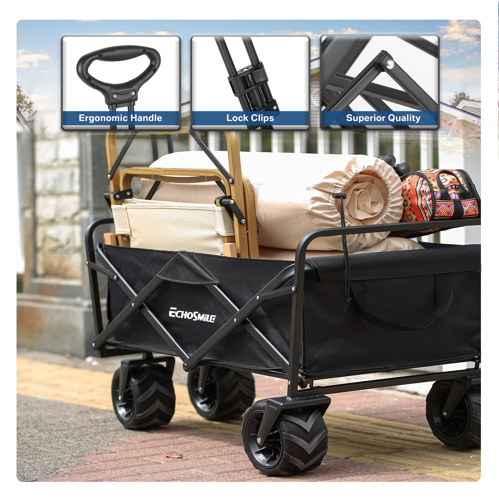 EchoSmile Heavy Duty 350 Lbs Capacity Collapsible Wagon, Outdoor Folding Camping Wagons, Grocery Portable Utility Cart, Adjustable Rolling Carts, All Terrain Sports Wagon with Big Wheels