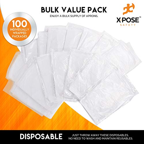 Xpose Safety 100 White Plastic Disposable Aprons For Cooking, Painting and More - Individually Packaged - Durable 1 mil Waterproof Polyethylene - 24" x 48"