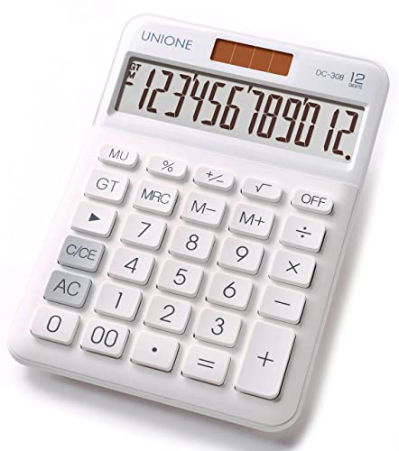 UNIONE Big Size Calculator with a Bright LCD, Dual Power Handheld Desktop. Color. Business, Office, High School 5×7in (WHITE)