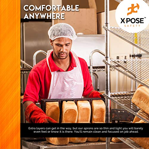 Xpose Safety 100 White Plastic Disposable Aprons For Cooking, Painting and More - Individually Packaged - Durable 1 mil Waterproof Polyethylene - 24" x 48"