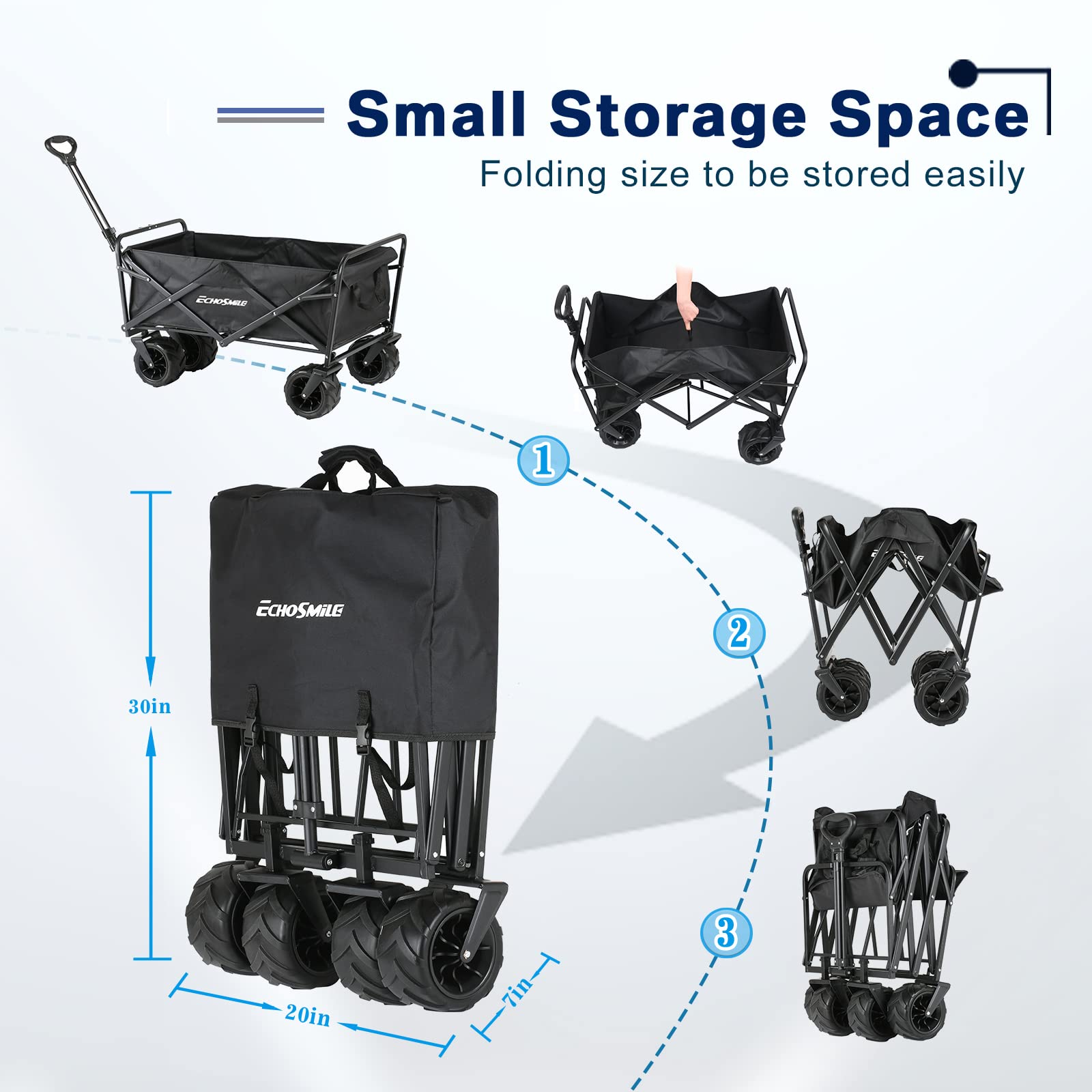 EchoSmile Heavy Duty 350 Lbs Capacity Collapsible Wagon, Outdoor Folding Camping Wagons, Grocery Portable Utility Cart, Adjustable Rolling Carts, All Terrain Sports Wagon with Big Wheels