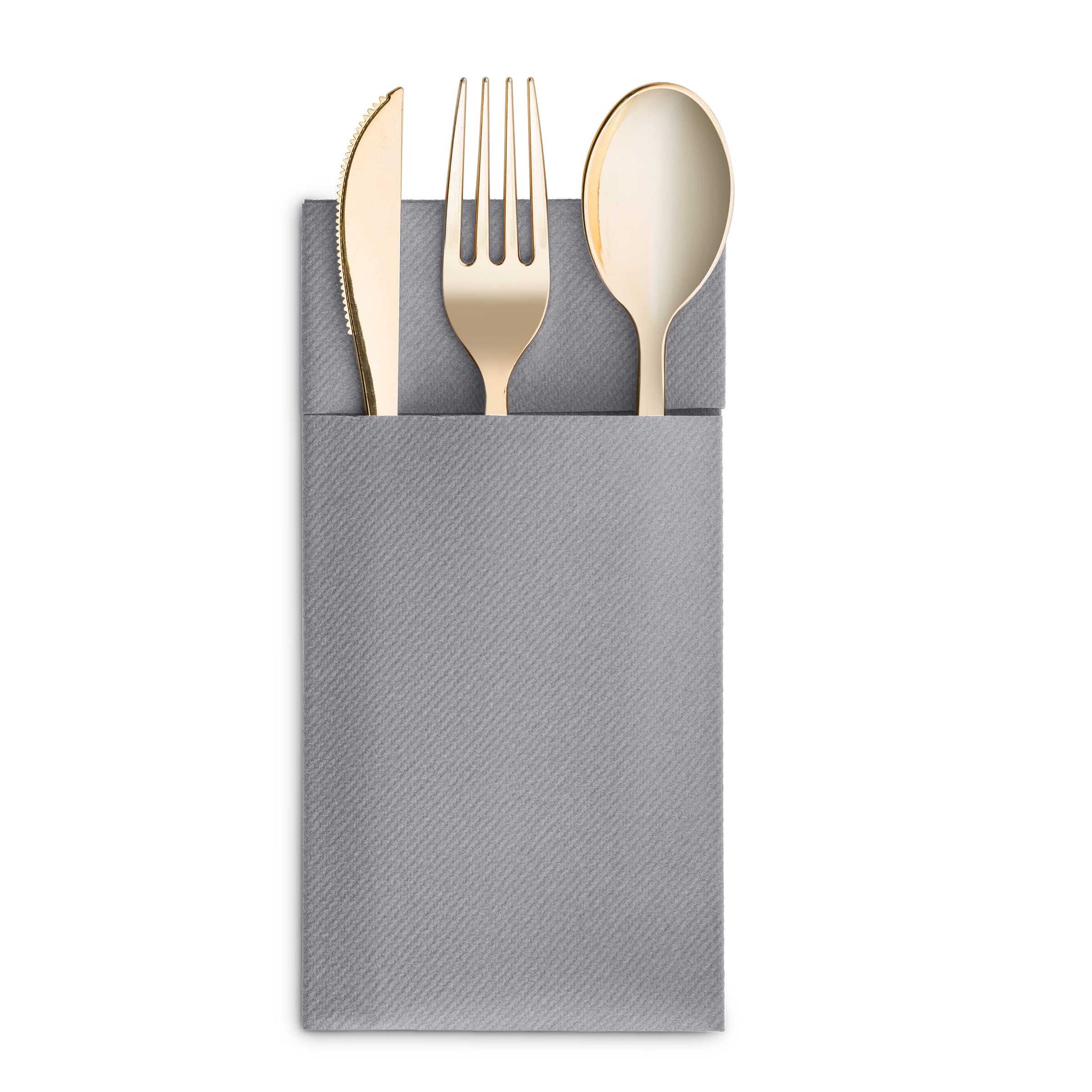 50-Pack Disposable Linen-Feel Dinner Napkins with Built-in Flatware Pocket, GRAY Prefolded Cloth Like Paper Napkins For Dinner, Wedding Or Party [Silverware NOT Included]