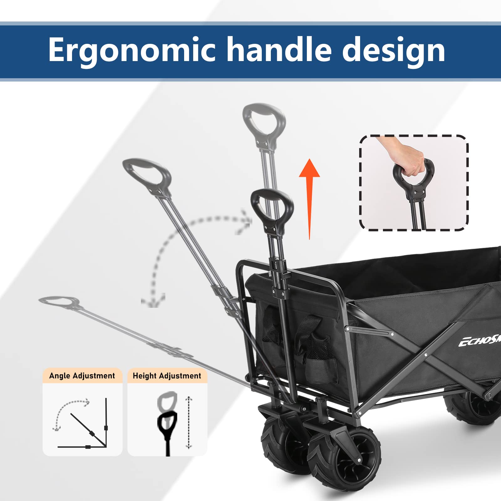 EchoSmile Heavy Duty 350 Lbs Capacity Collapsible Wagon, Outdoor Folding Camping Wagons, Grocery Portable Utility Cart, Adjustable Rolling Carts, All Terrain Sports Wagon with Big Wheels