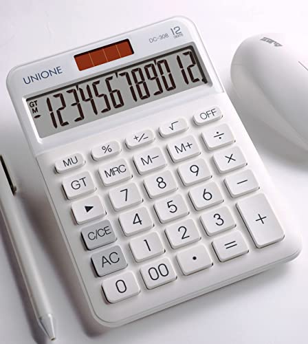 UNIONE Big Size Calculator with a Bright LCD, Dual Power Handheld Desktop. Color. Business, Office, High School 5×7in (WHITE)