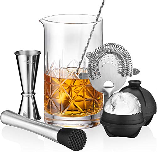 Mixology & Craft Cocktail Set - 7-Piece Bartender Kit - Mixing Glass Set Includes Crystal Stirring Glass (24oz), Japanese Jigger, Spoon, Muddler and Strainer - Bar Accessories and Tools