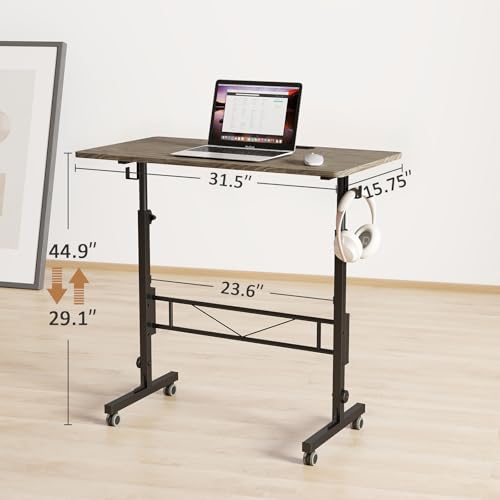 SIDUCAL Mobile Stand Up Desk, Adjustable Laptop Desk with Wheels Storage Desk Home Office Workstation, Rolling Table Laptop Cart for Standing or Sitting, Rustic Gray