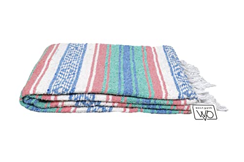 Open Road Goods Light Teal and Coral Mexican Blanket - Authentic Mexican Flasa - Great Yoga Blanket, Beach Blanket, Picnic Blanket, or Mexican Throw! Handwoven