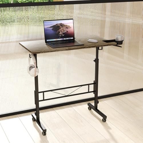 SIDUCAL Mobile Stand Up Desk, Adjustable Laptop Desk with Wheels Storage Desk Home Office Workstation, Rolling Table Laptop Cart for Standing or Sitting, Rustic Gray