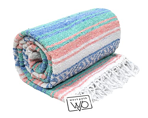 Open Road Goods Light Teal and Coral Mexican Blanket - Authentic Mexican Flasa - Great Yoga Blanket, Beach Blanket, Picnic Blanket, or Mexican Throw! Handwoven