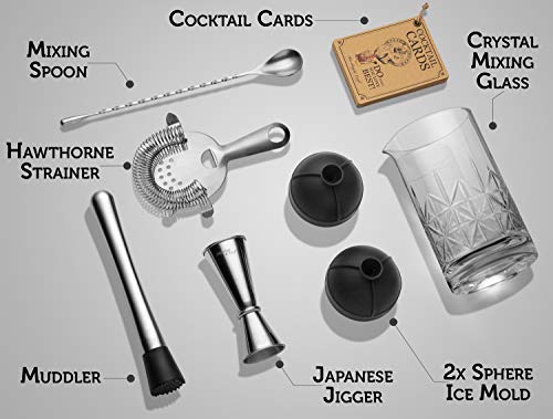 Mixology & Craft Cocktail Set - 7-Piece Bartender Kit - Mixing Glass Set Includes Crystal Stirring Glass (24oz), Japanese Jigger, Spoon, Muddler and Strainer - Bar Accessories and Tools